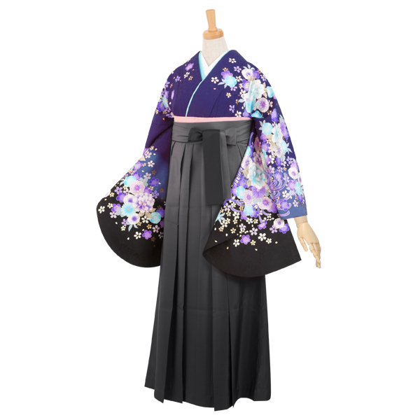 二尺袖袴：G245 青黒 雪輪に桜と牡丹│ 袴レンタル │ 京都着物