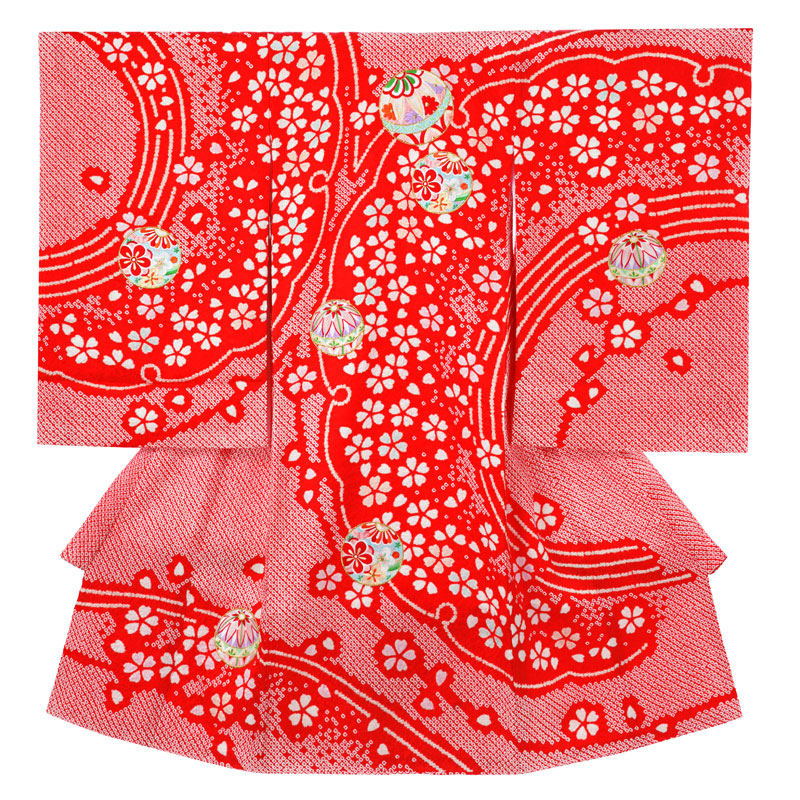 産着女児：SG067 総絞り 赤 雪輪に手毬│ 産着レンタル │ 京都着物レンタル夢館